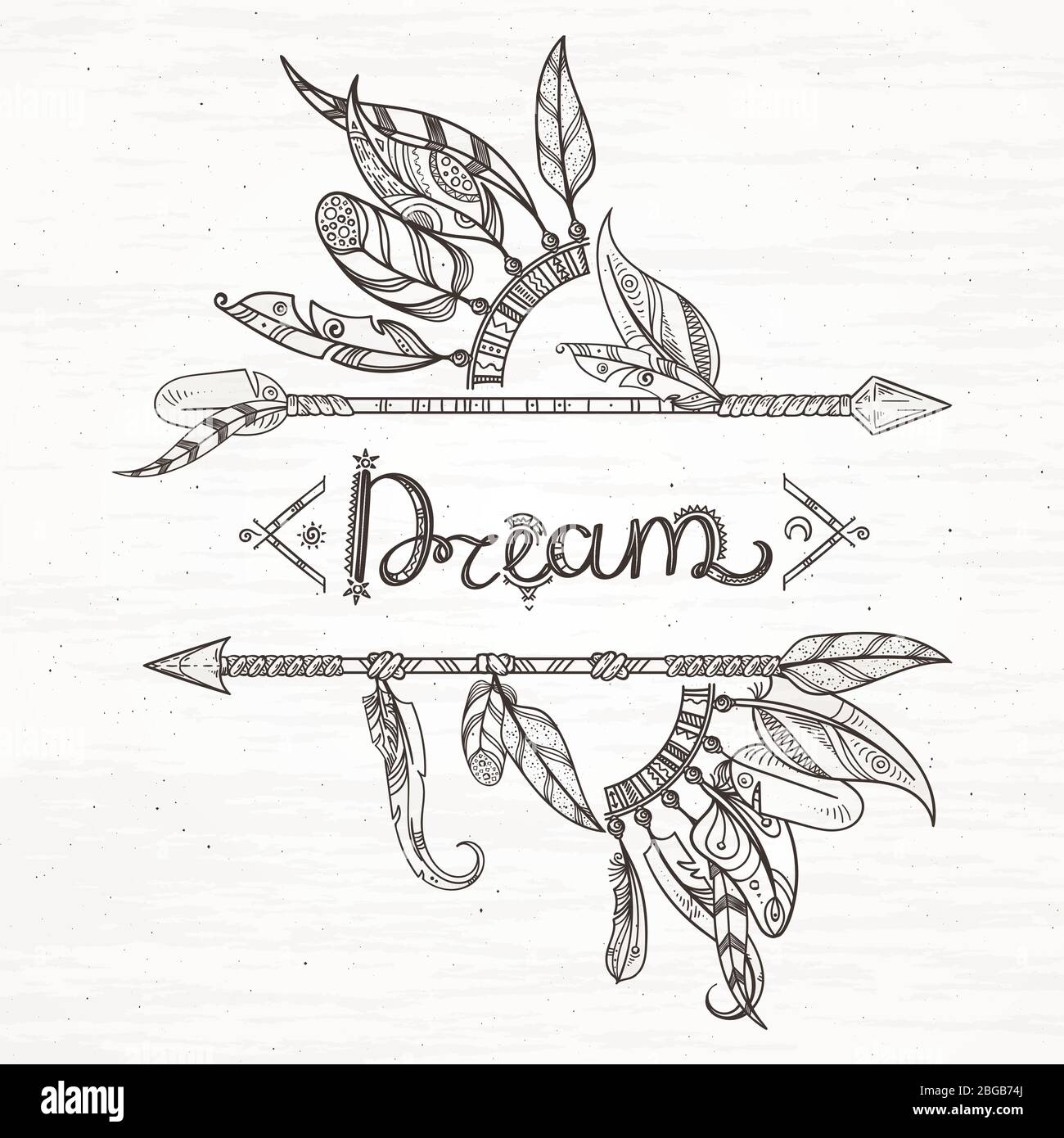 Tribal feathers and arrow. Hand drawn vector illustration background in ...