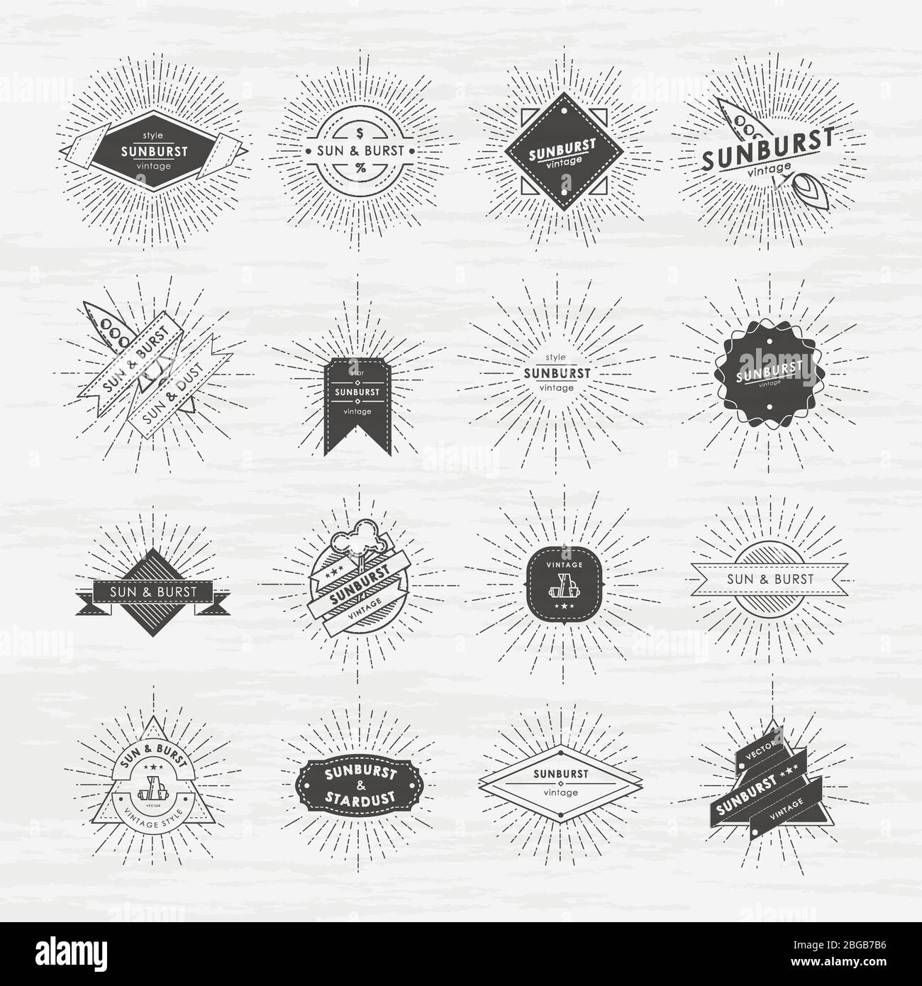 Circle badges set with sunburst frames. Vintage vector labels with ...