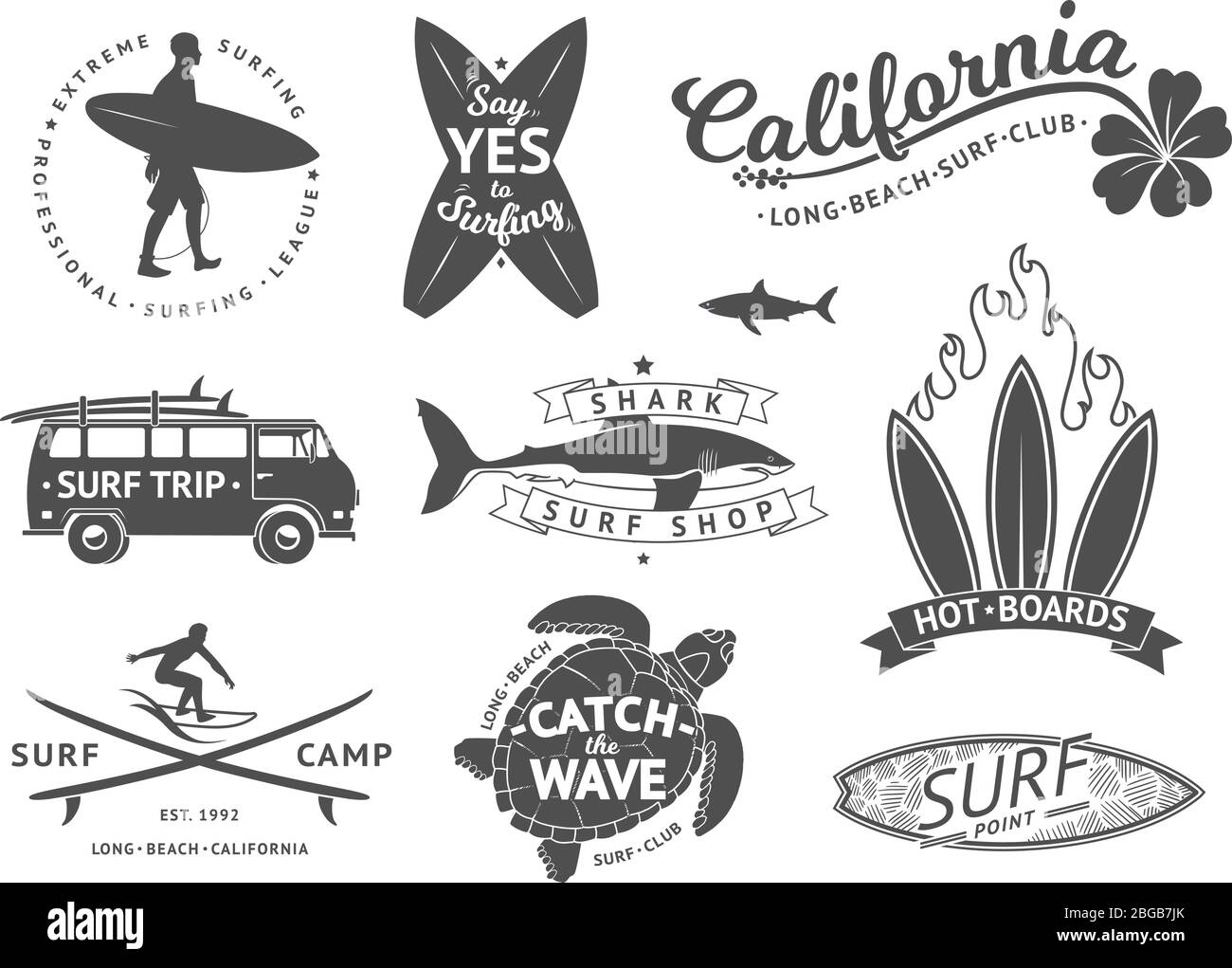 Surf boards emblem and badges vector set. Signs and elements for summer ...