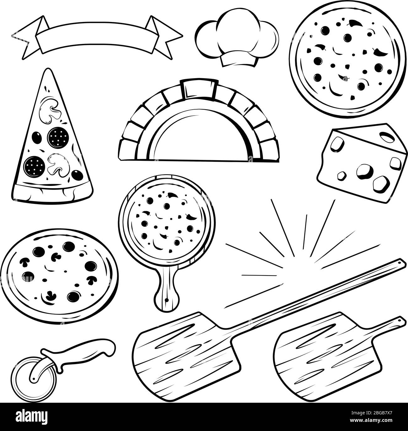 Different monochrome elements for pizza banners, labels or logos design ...