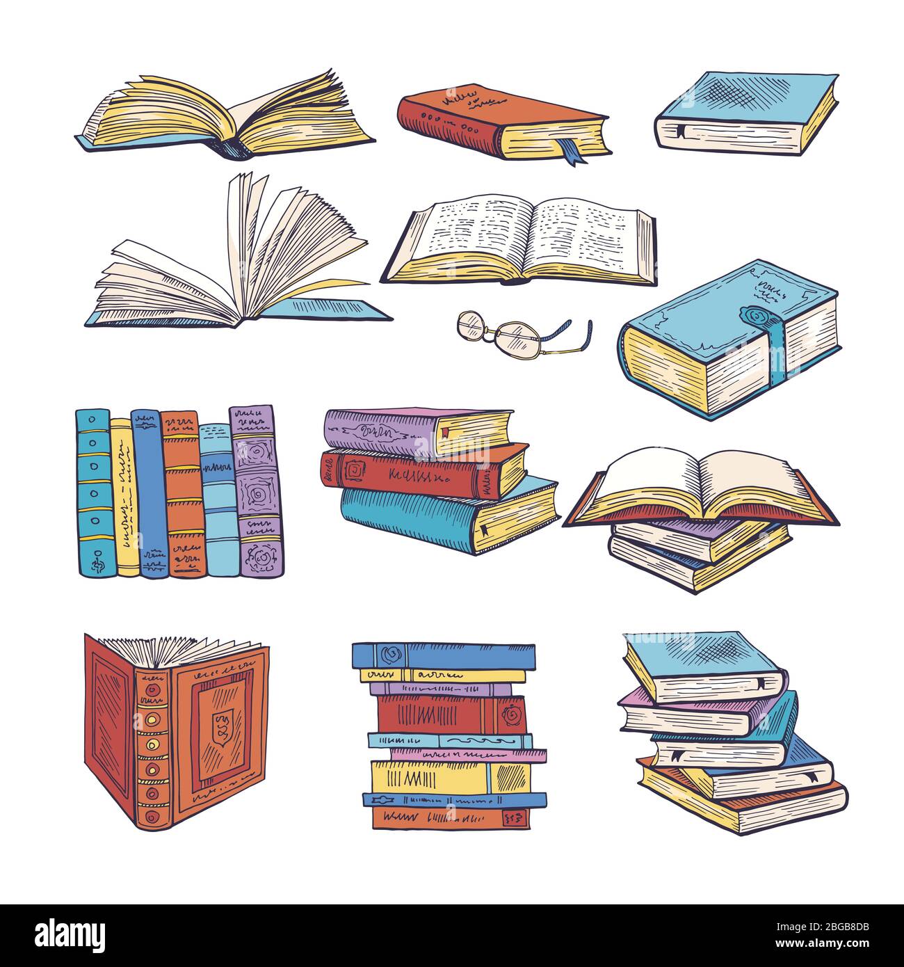 Set of different books. Encyclopedia, dictionary and others. Doodle ...