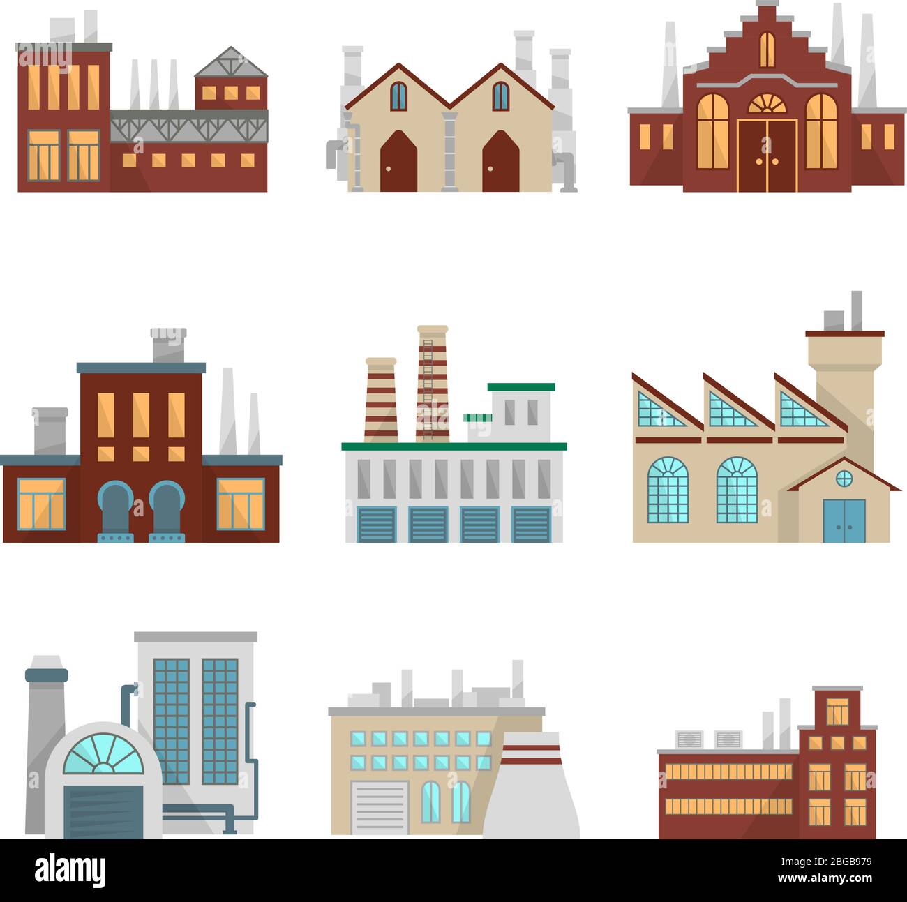 Factory illustrations set. Modern industrial buildings set isolate on ...