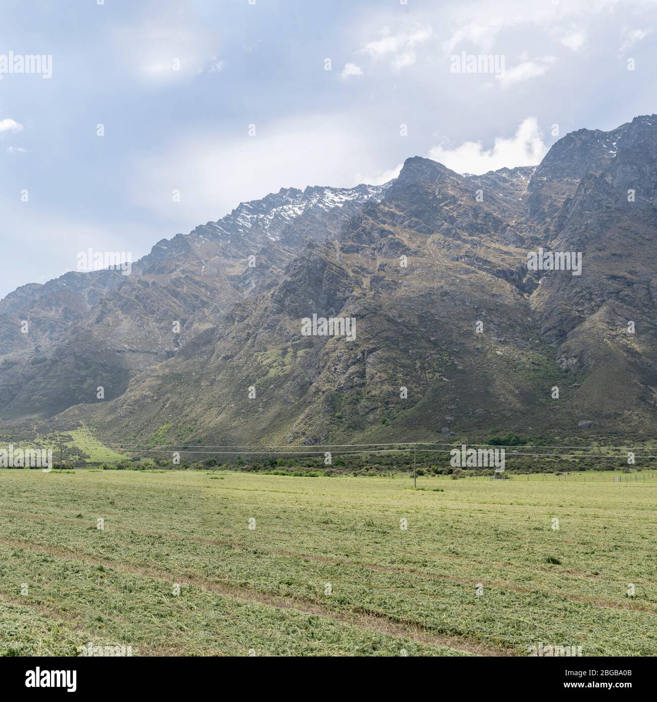 landscape with green plain fields and steep slopes of The Remarkables ...
