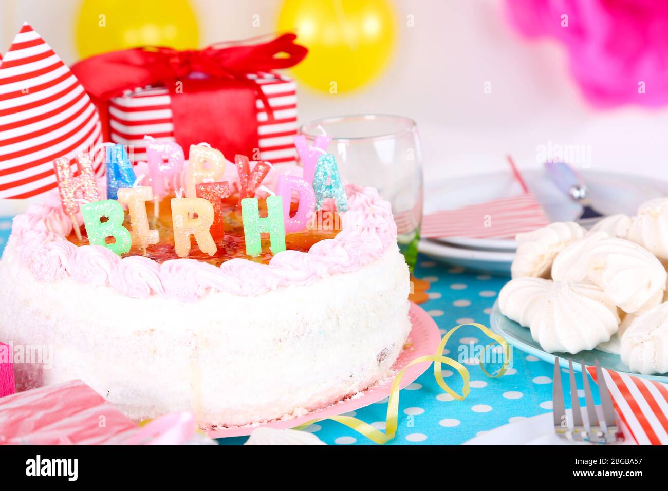 Festive table setting for birthday on celebratory decorations Stock ...