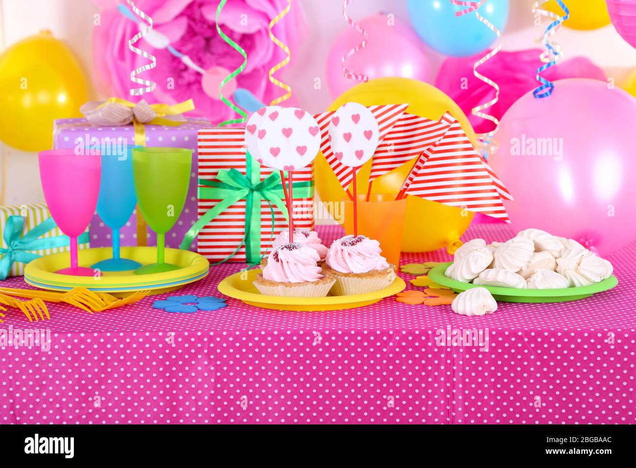 Festive table setting for birthday on celebratory decorations Stock ...