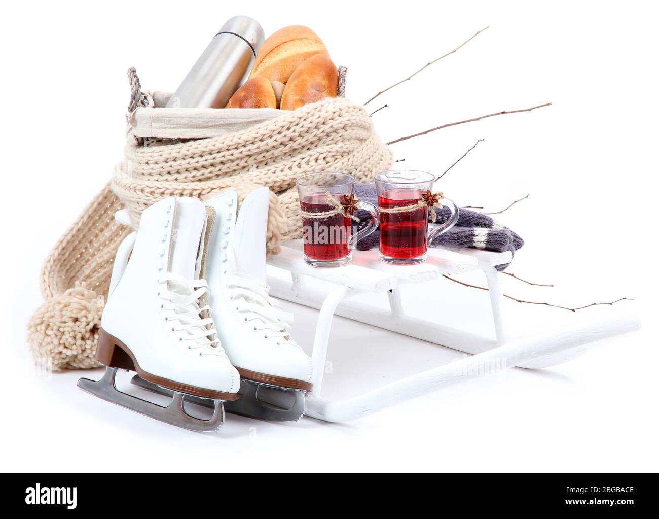 Winter still life on sled, isolated on white Stock Photo - Alamy