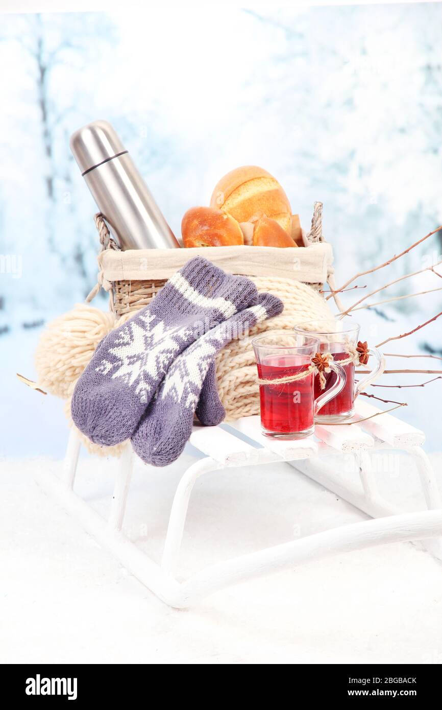 Winter still life on sled, on winter background Stock Photo - Alamy
