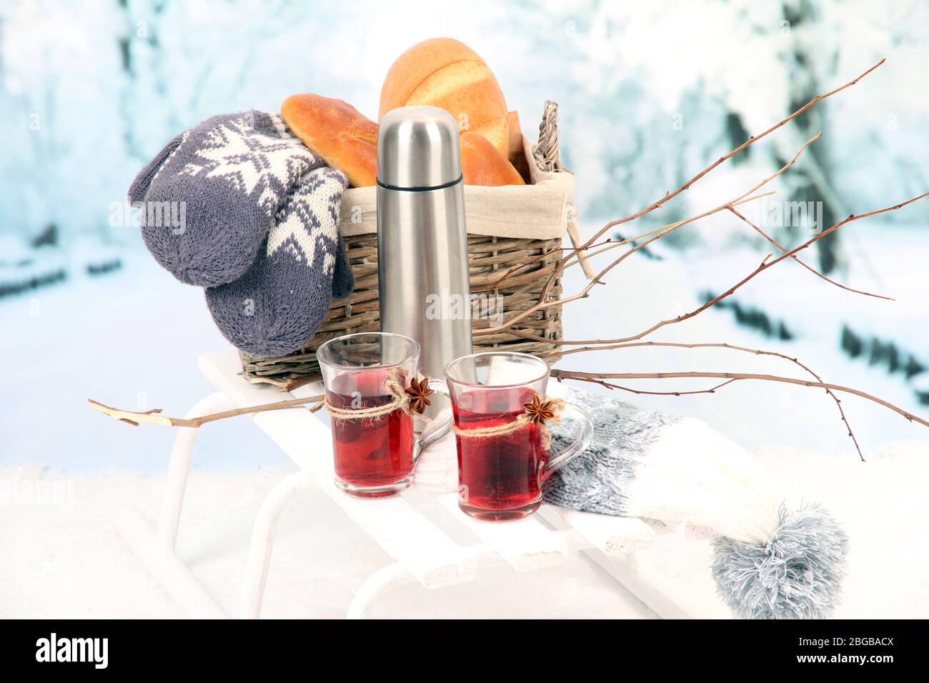 Winter still life on sled, on winter background Stock Photo - Alamy