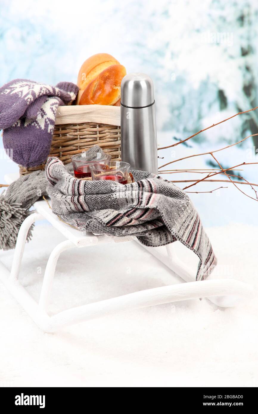 Winter still life on sled, on winter background Stock Photo - Alamy