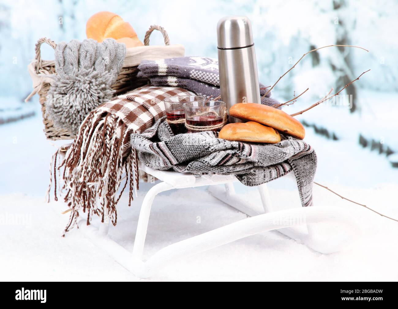 Winter still life on sled, on winter background Stock Photo - Alamy