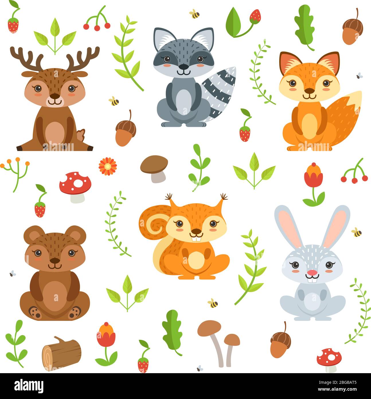 Funny forest animals and floral elements isolate on white background ...