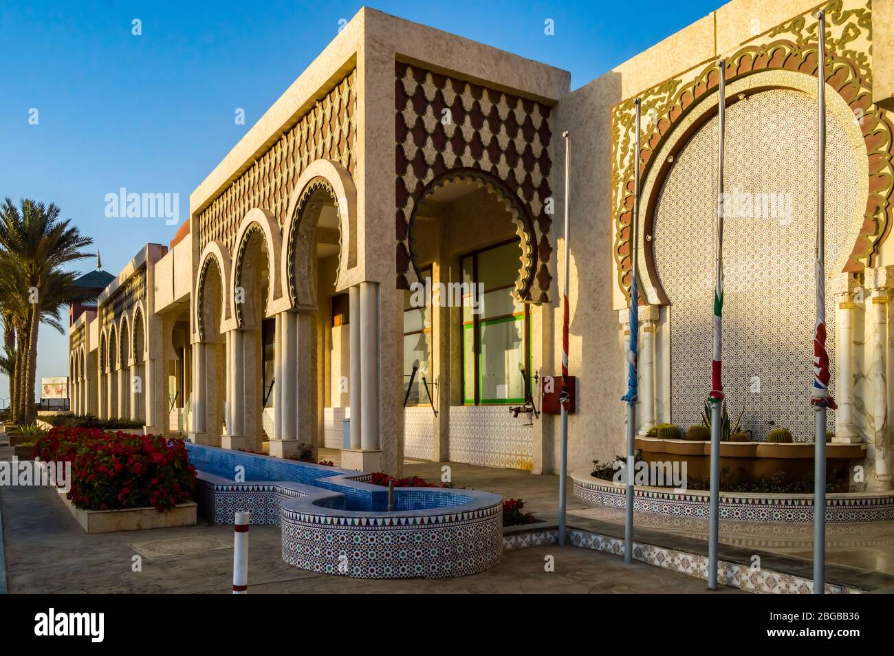 Front view of several arches with wooden railings intertwined at the ...
