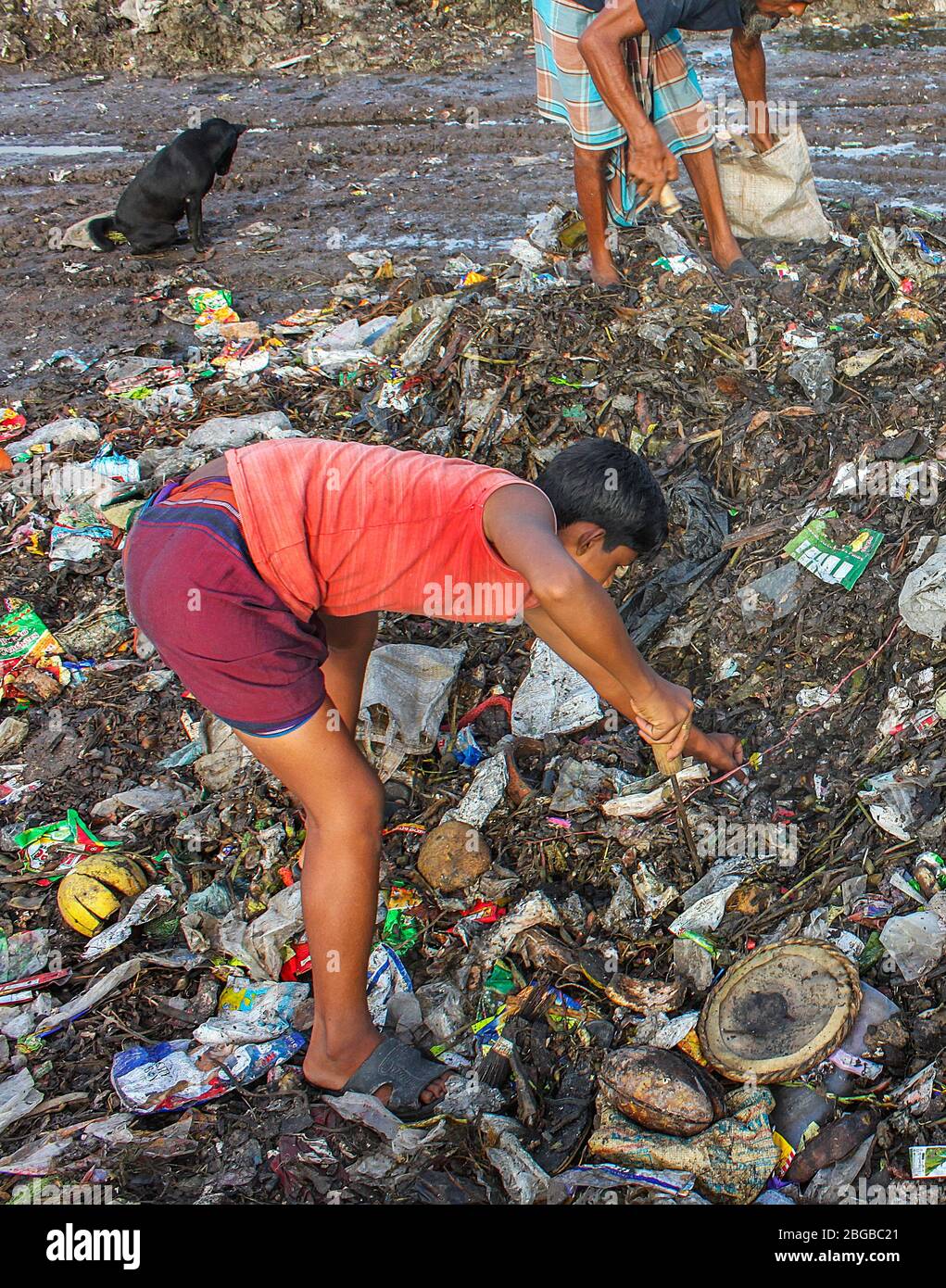 Koye, the biggest garbage dumpsite in Khulna. A Child is searching his ...