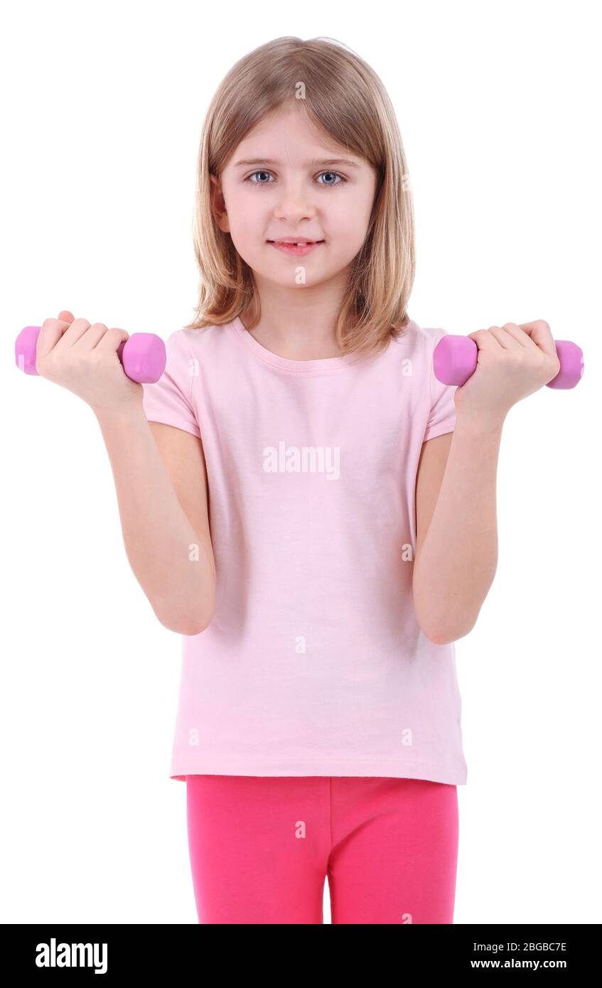 Beautiful little girl doing exercises isolated on white Stock Photo - Alamy