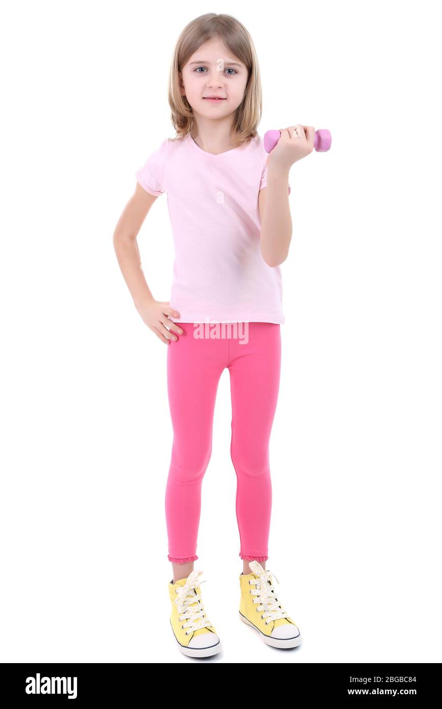 Beautiful little girl doing exercises isolated on white Stock Photo - Alamy