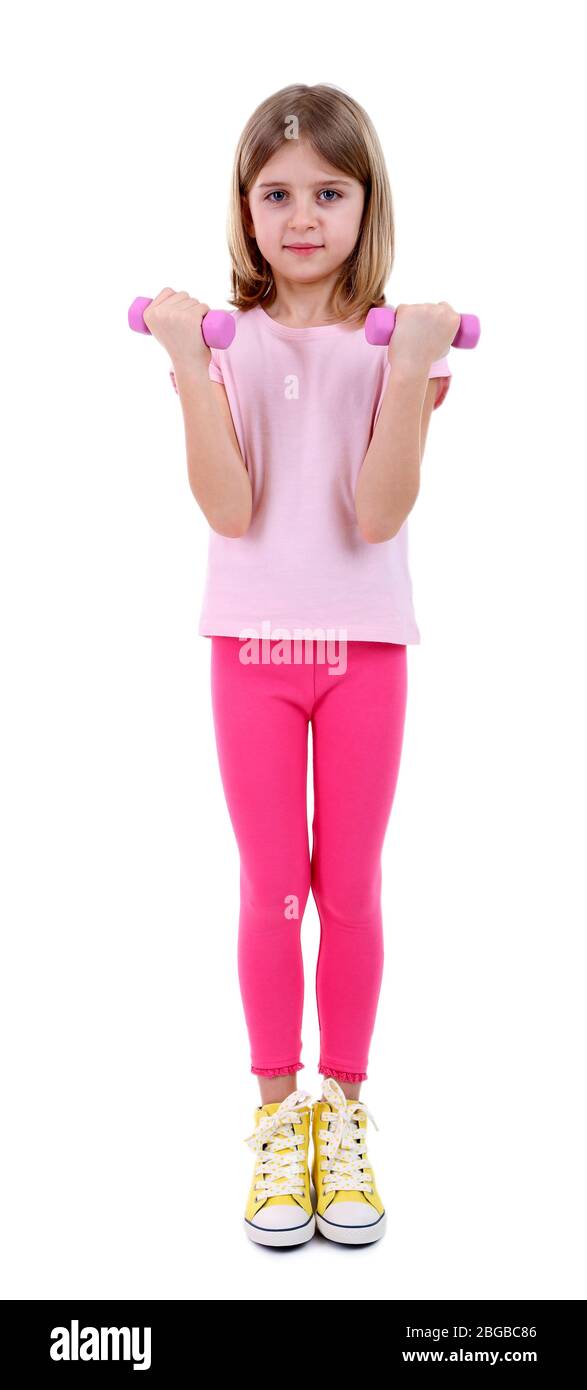 Beautiful little girl doing exercises isolated on white Stock Photo - Alamy