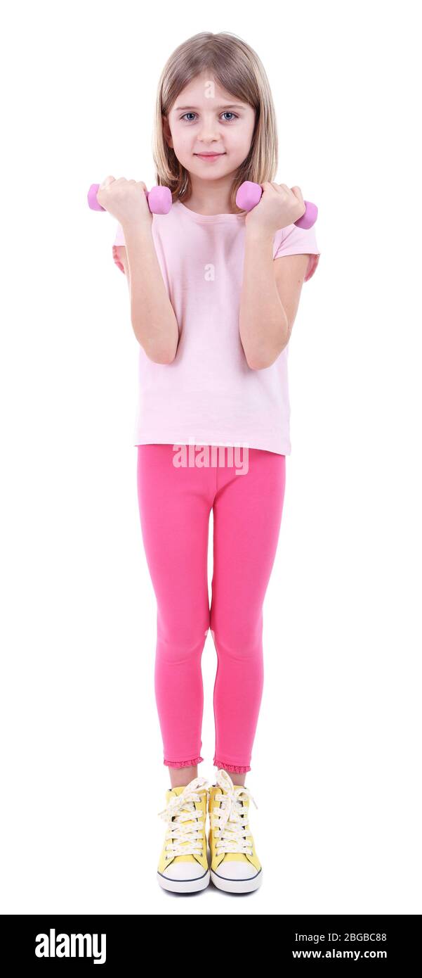 Beautiful little girl doing exercises isolated on white Stock Photo - Alamy
