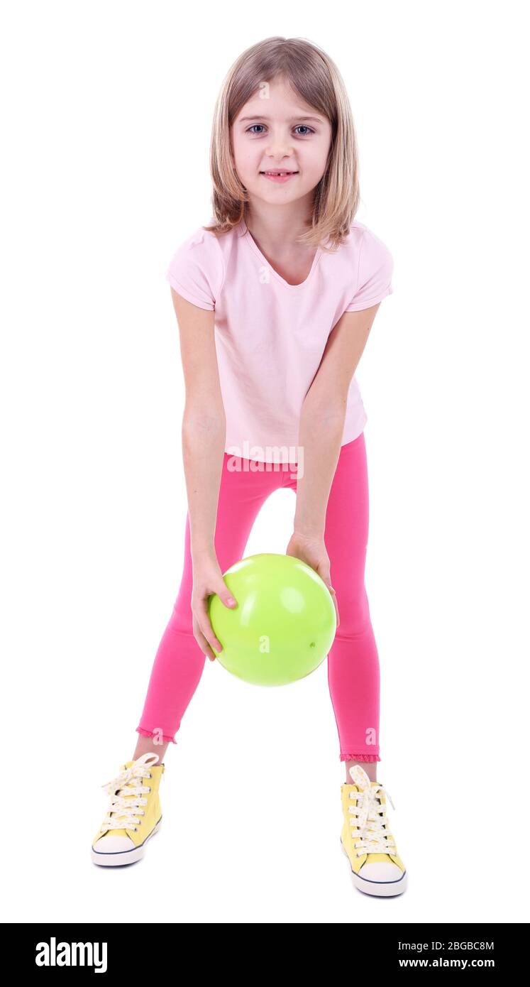 Beautiful little girl doing exercises isolated on white Stock Photo - Alamy