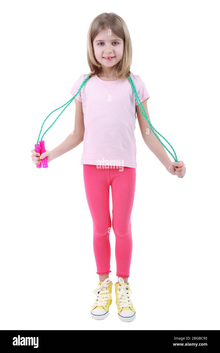 Beautiful little girl doing exercises isolated on white Stock Photo - Alamy