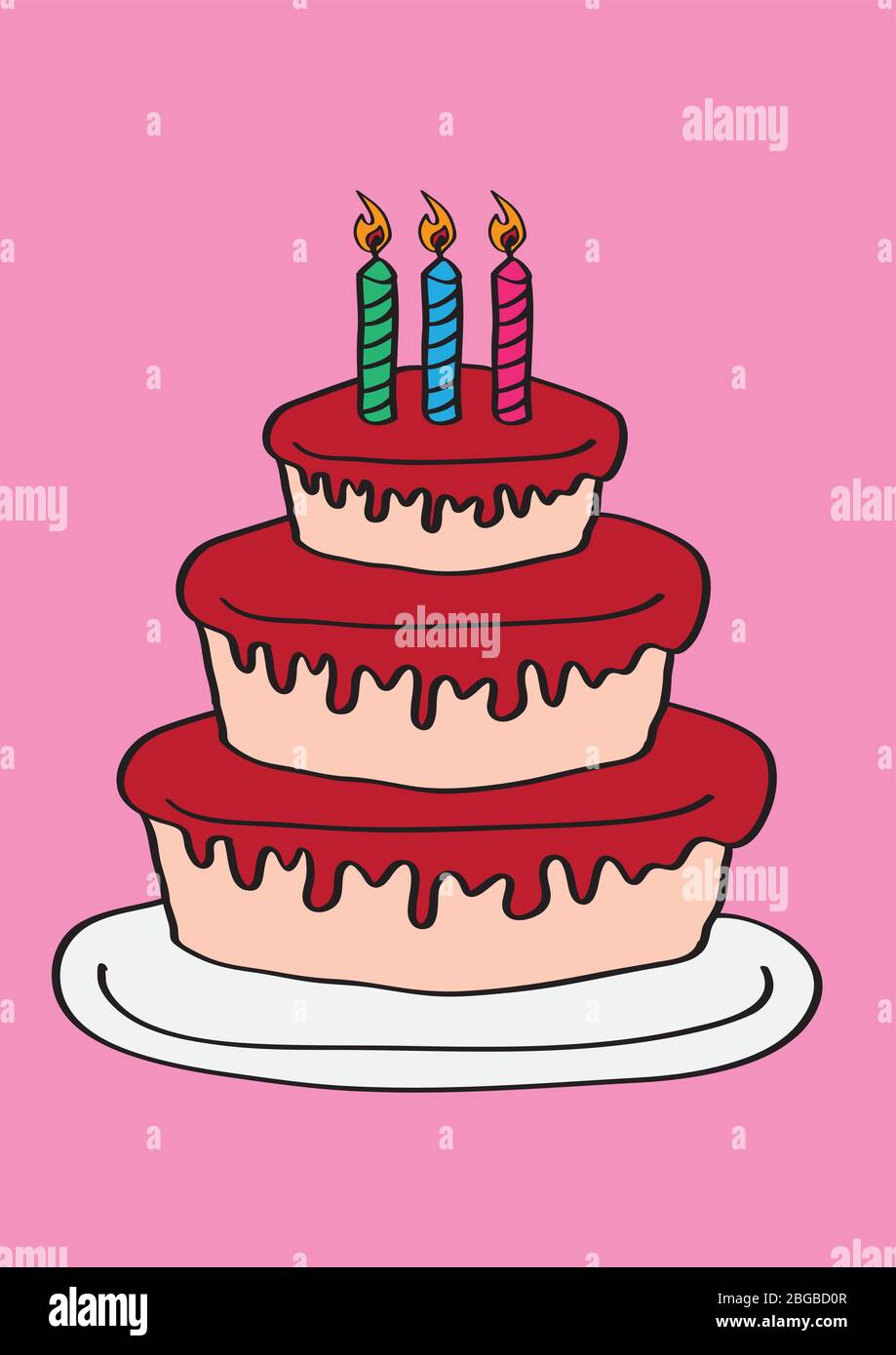 Vector cartoon illustration of a three-tier birthday cake with ...