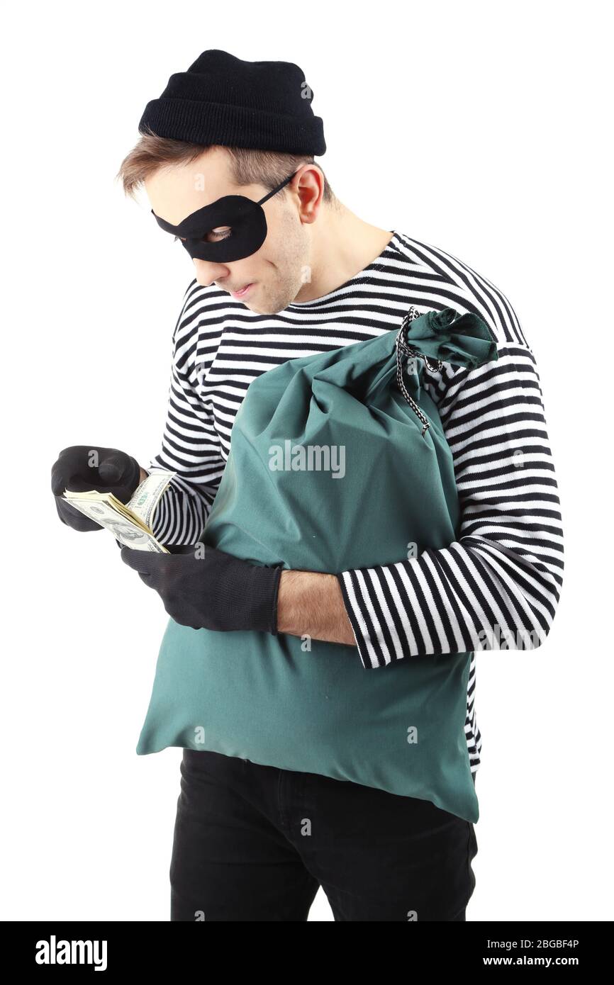 Thief with bag, isolated on white Stock Photo - Alamy