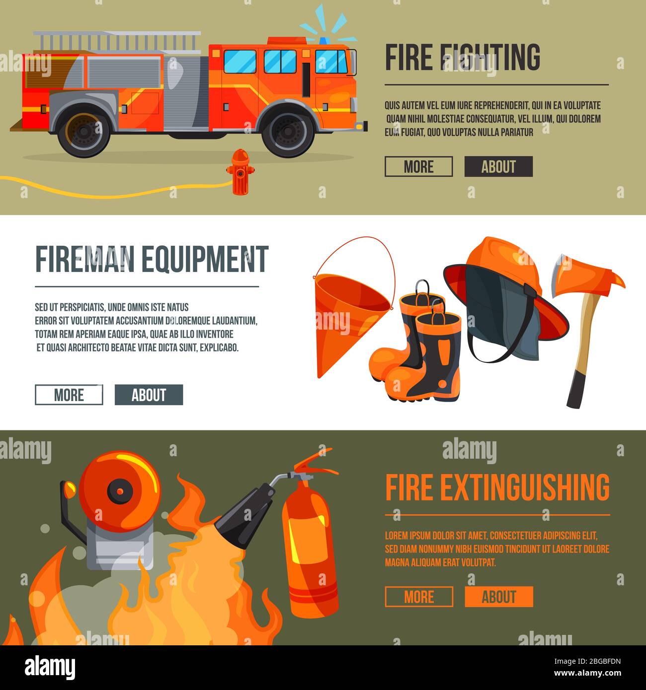 Horizontal banners set of fireman tools pictures. Firefighter in big ...