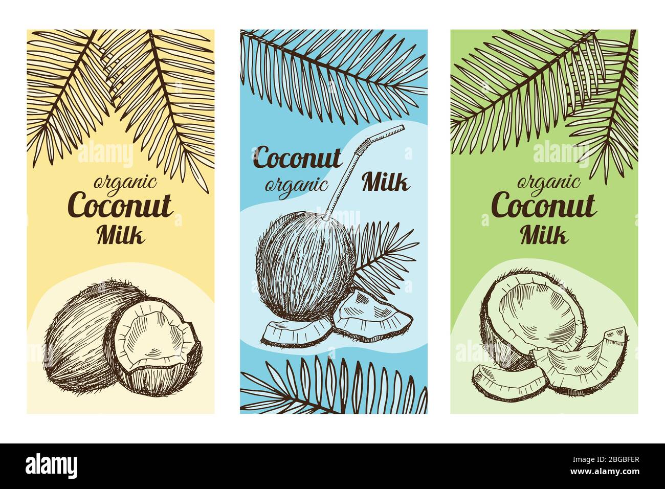 Labels for package design with hand drawn illustrations of coconut ...