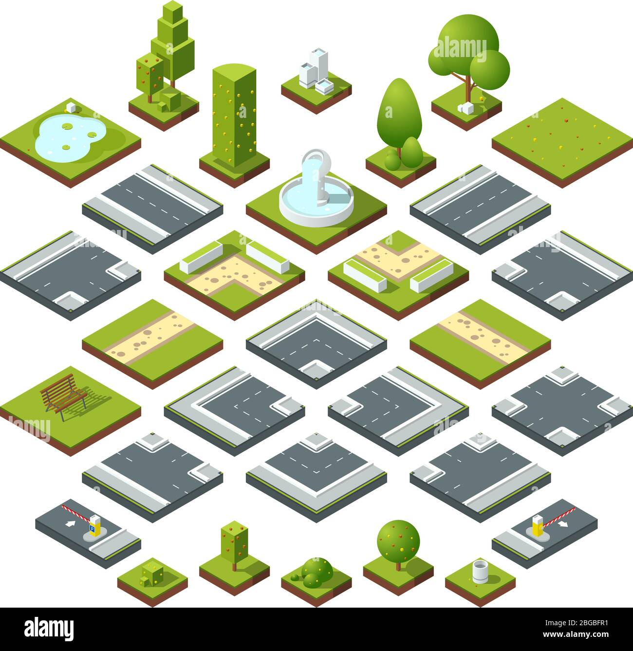 Vector set of isometric city elements, crossroads, road, garden ...