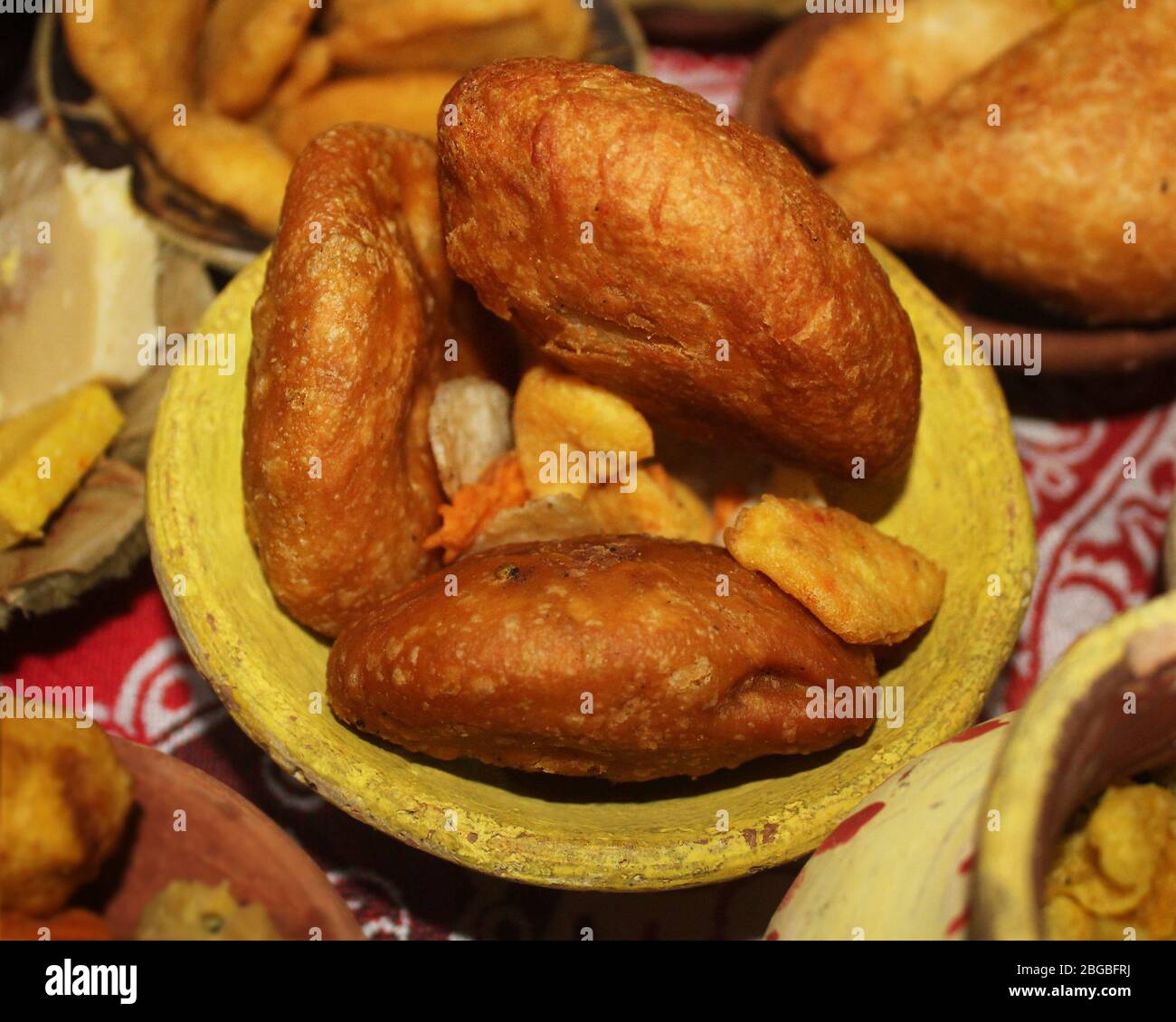 kachodi,katchuri and fried dumpling Indian Food served in Mud Bowl,with ...
