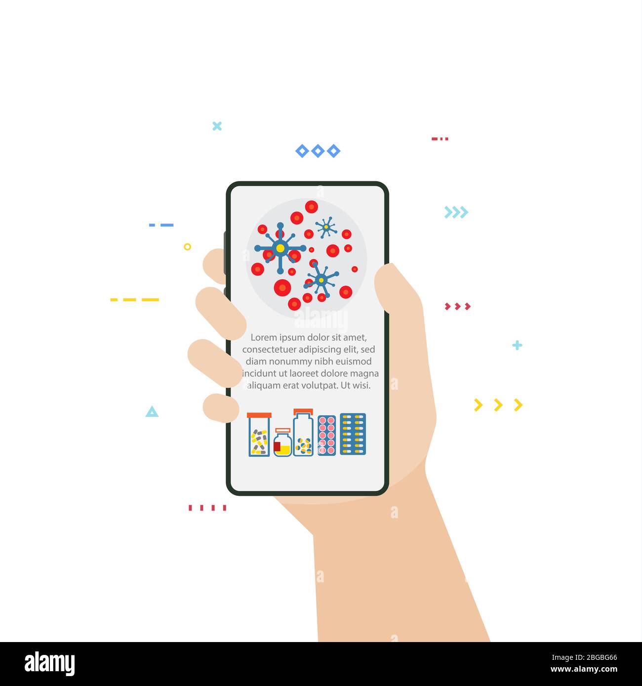 Medical app on phone with virus and drugs. Microbes in blood and text ...