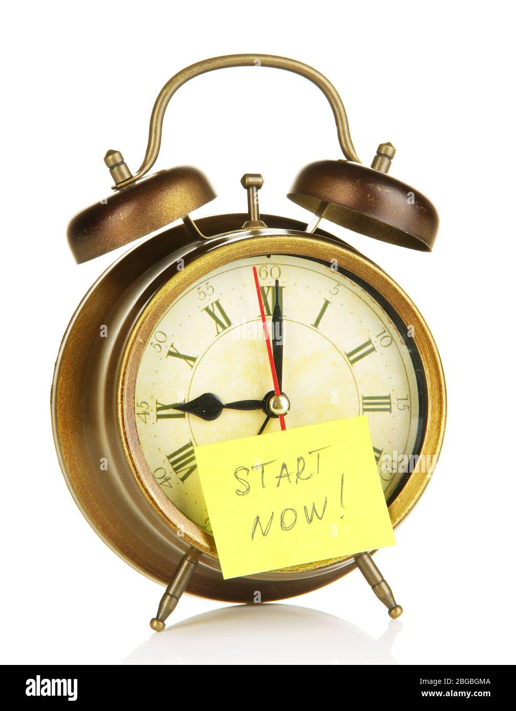 Alarm clock with sticker isolated on white Stock Photo - Alamy