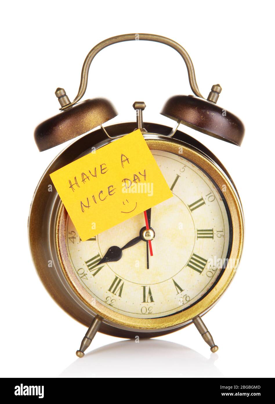 Alarm clock with sticker isolated on white Stock Photo - Alamy