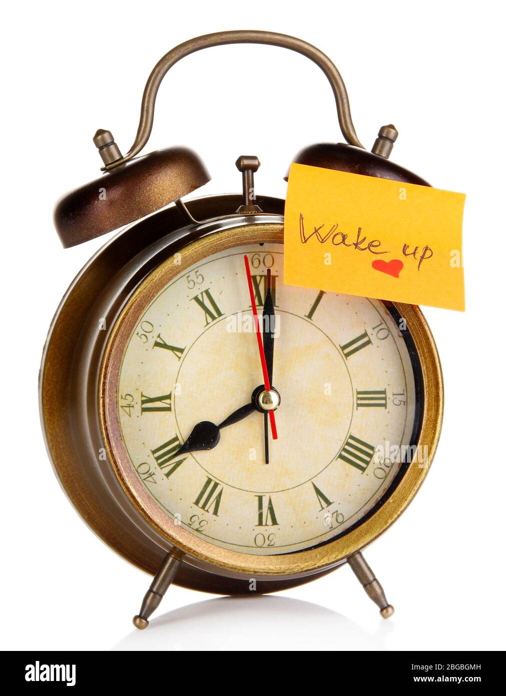 Alarm clock with sticker isolated on white Stock Photo - Alamy