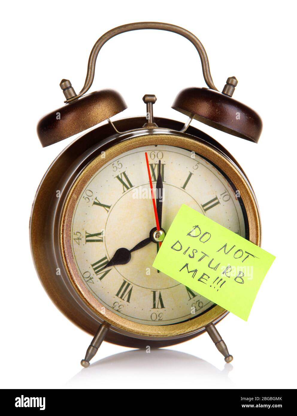 Alarm clock with sticker isolated on white Stock Photo - Alamy