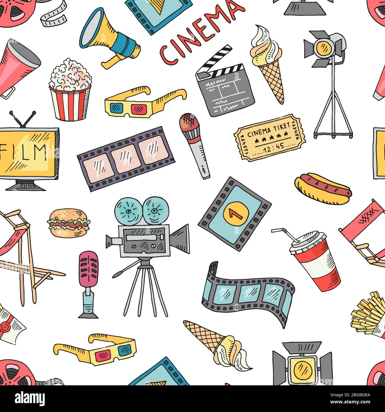 Cinema collection set. Vector seamless pattern of cinematography ...