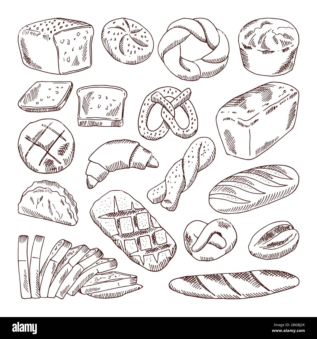 Different types of fresh bread. Vector hand drawn illustrations of ...