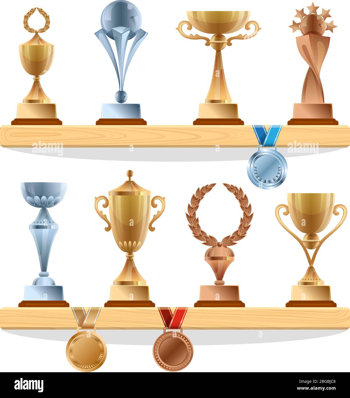 Trophy collections on the shelf. Golden, bronze and silver medals and ...