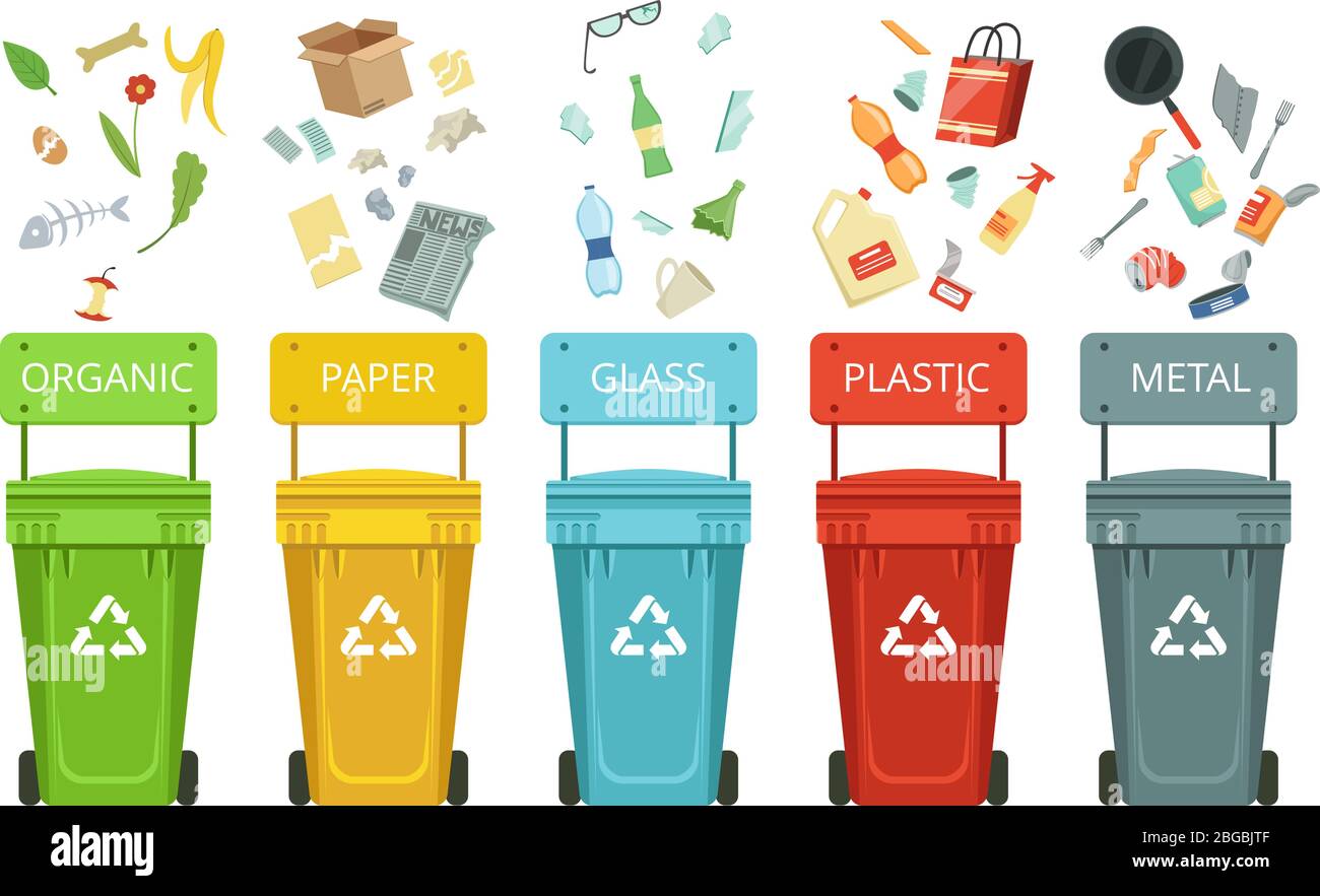 Plastic containers for garbage of different types. Vector illustrations ...