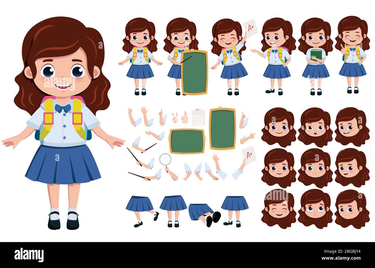 Student girl character creation, vector set. School girl editable ...