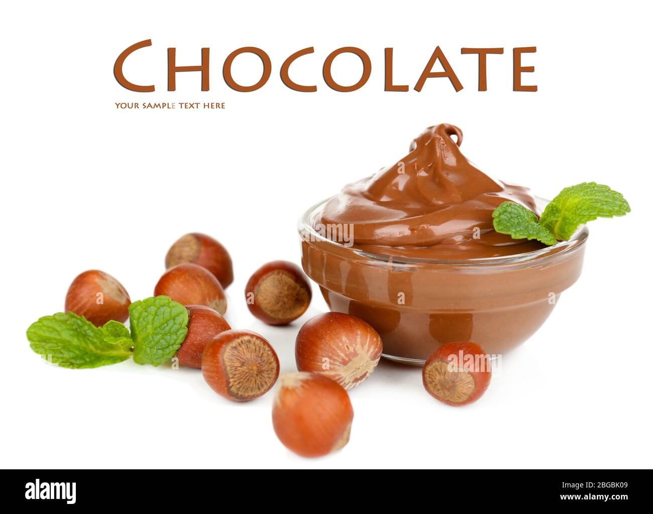 Sweet chocolate hazelnut spread with whole nuts and mint isolated on ...