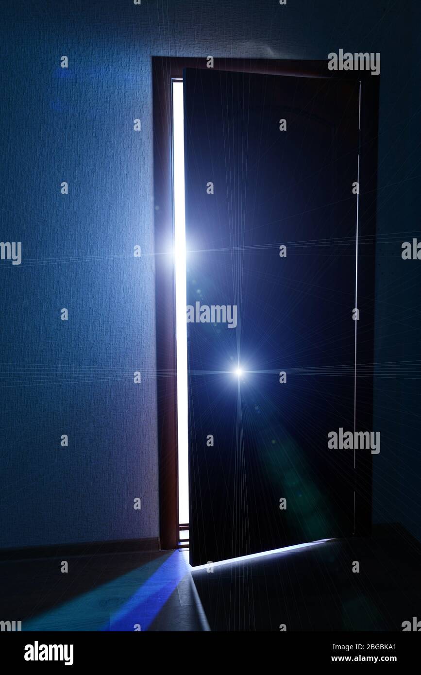 Open door with bright light outside Stock Photo - Alamy