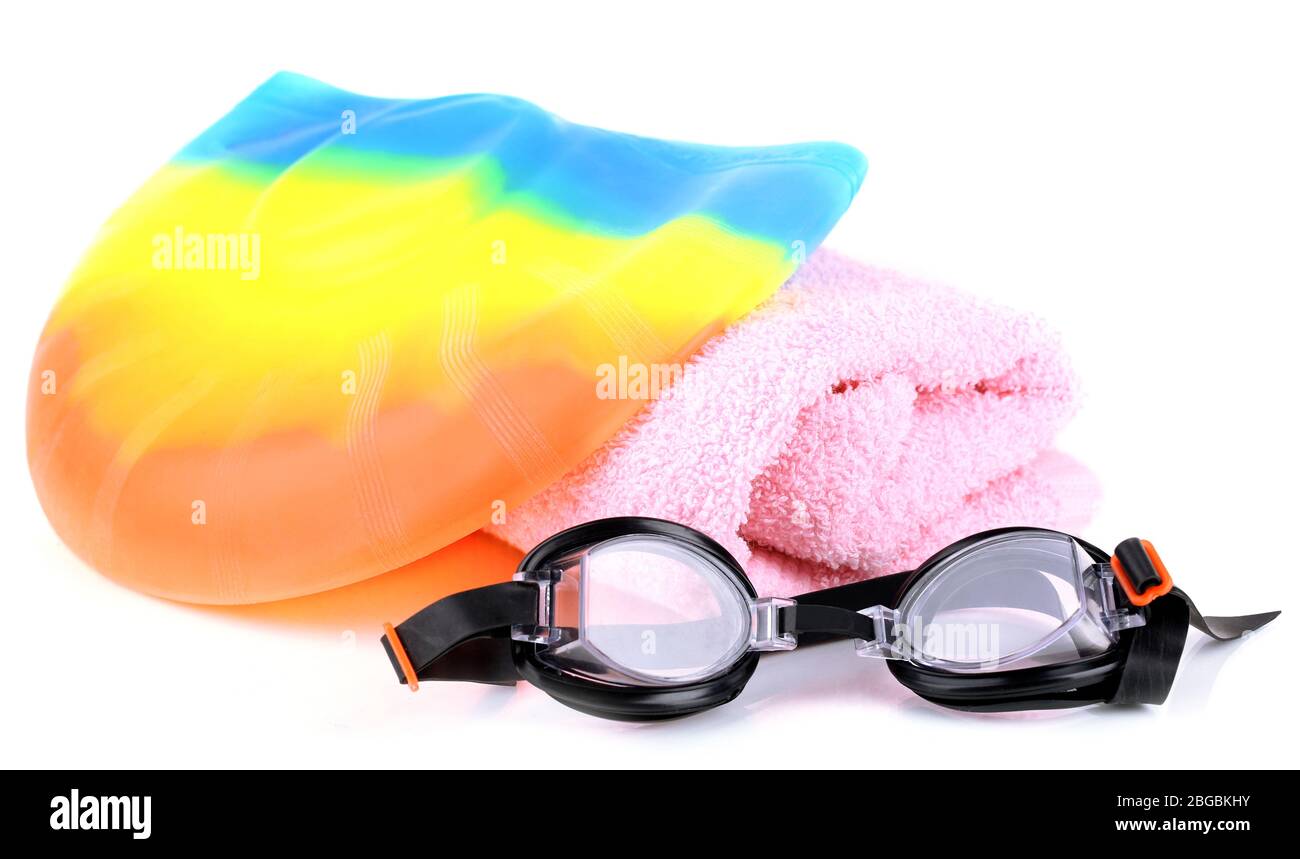 Set for pool: swim cap, goggles and towel isolated on white Stock Photo ...