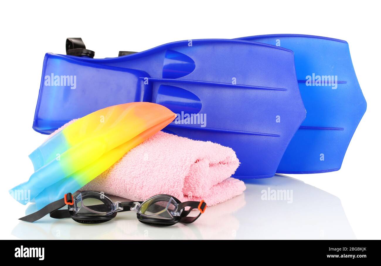 Pool cap, goggles, flippers and towel isolated on white Stock Photo - Alamy