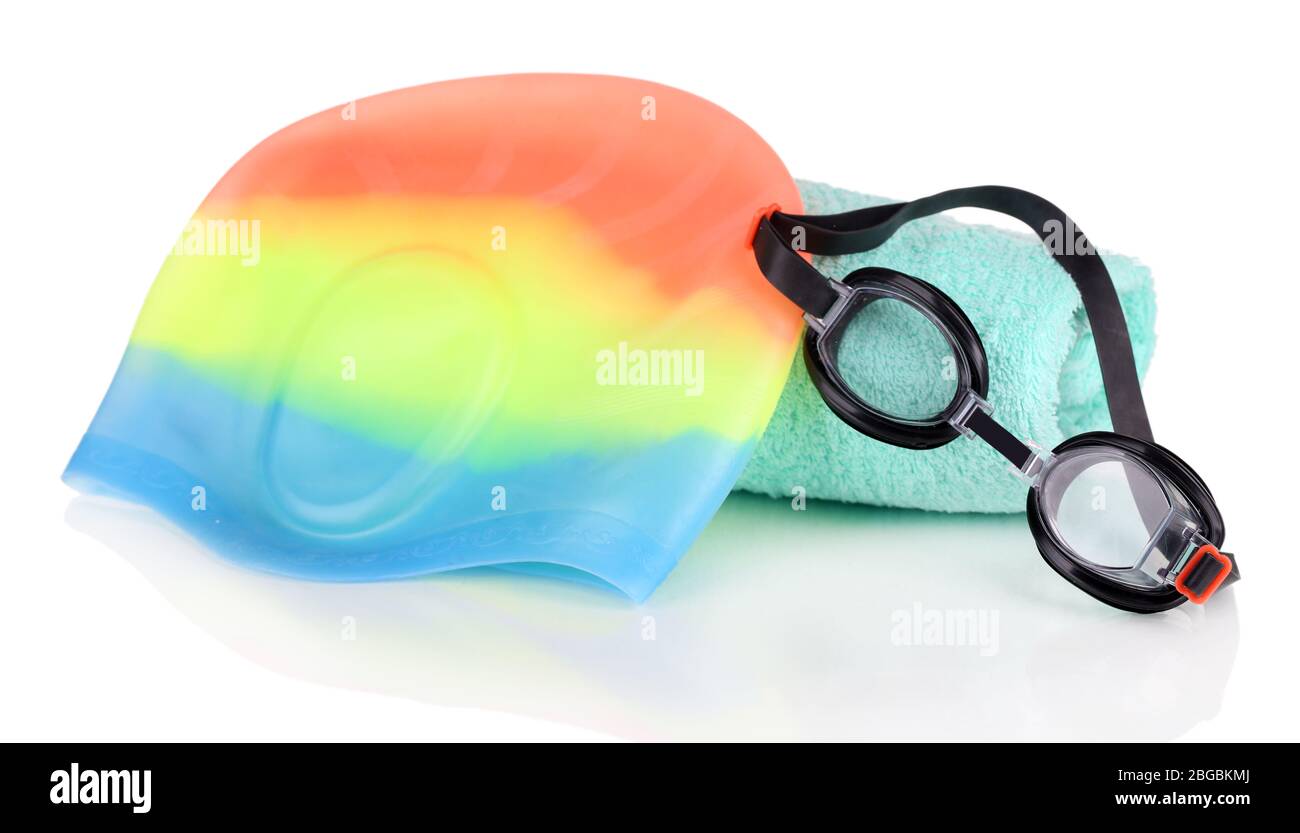 Set for pool: swim cap, goggles and towel isolated on white Stock Photo ...
