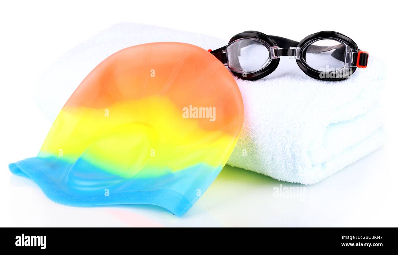 Set for pool: swim cap, goggles and towel isolated on white Stock Photo ...