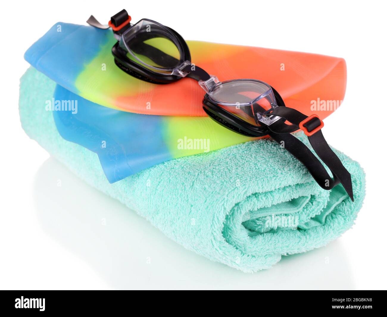 Set for pool: swim cap, goggles and towel isolated on white Stock Photo ...