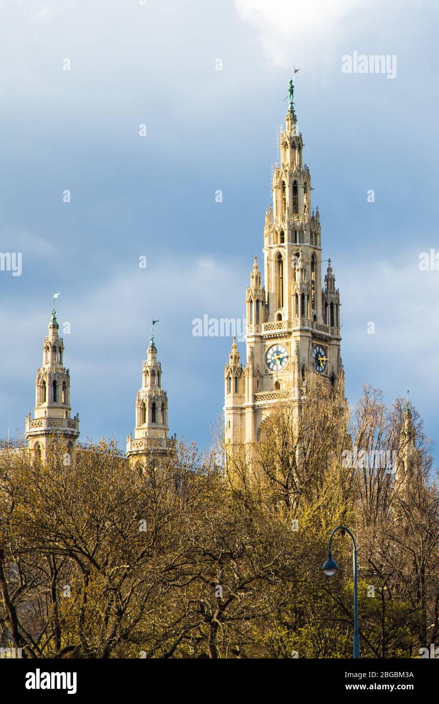 Vienna Town Hall, Wiener Rathaus, Austria against the cloudy sunny sky ...