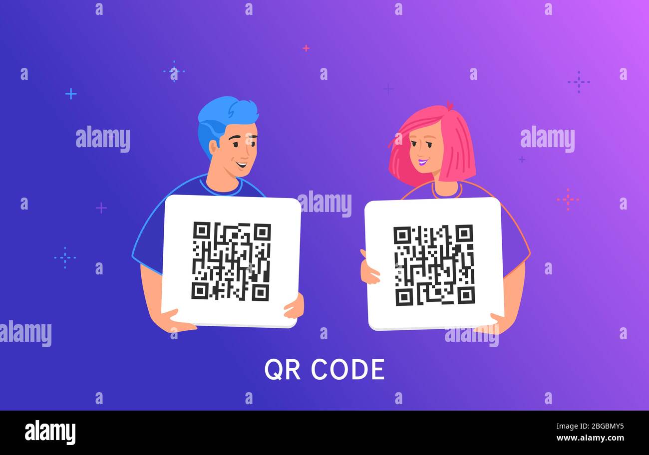 QR code scanning by smartphone. Concept vector illustration of smiling ...