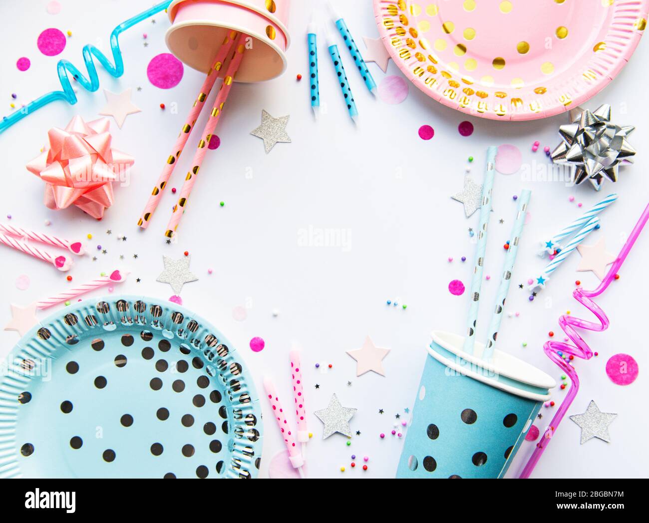 Birthday decorations. Table setting from above with free text space ...