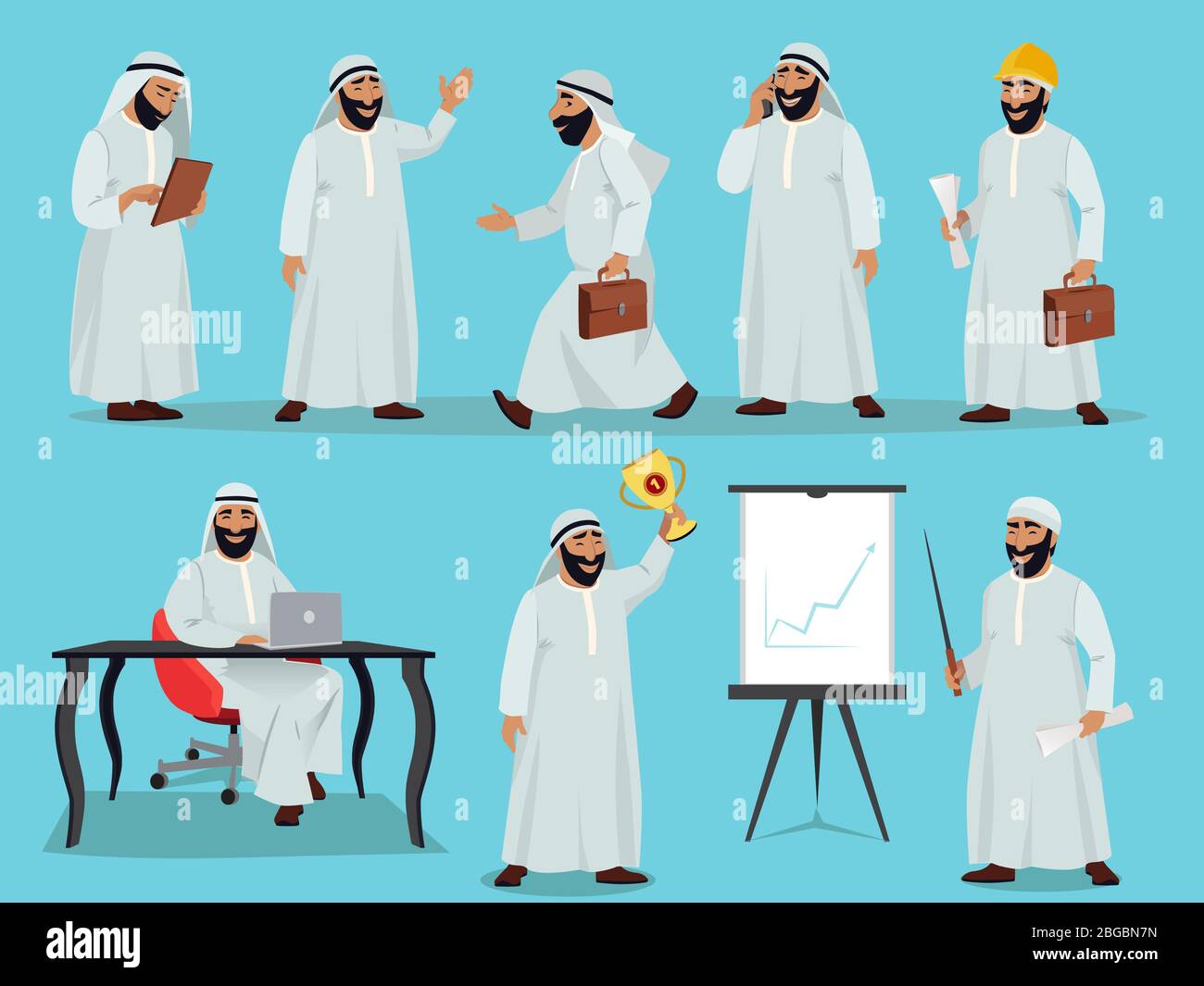 Different poses of arab businessman. Character design in flat style ...